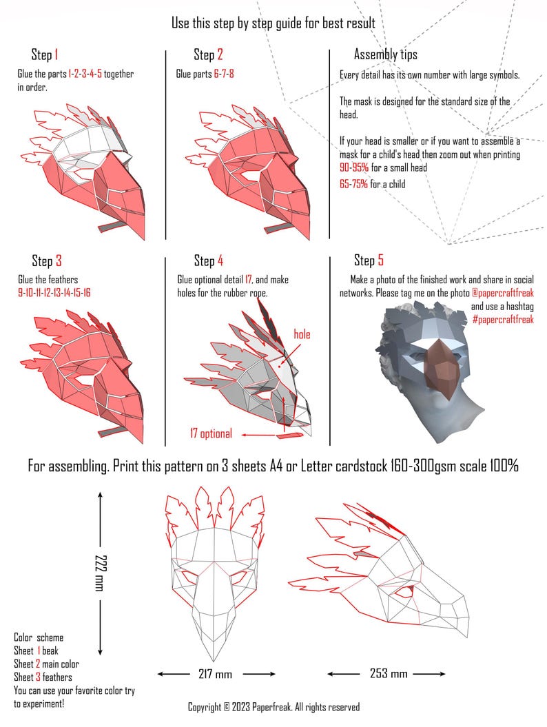 Papercraft 3D EAGLE Half BIRD MASK Halloween Pepakura Party Low Poly ...