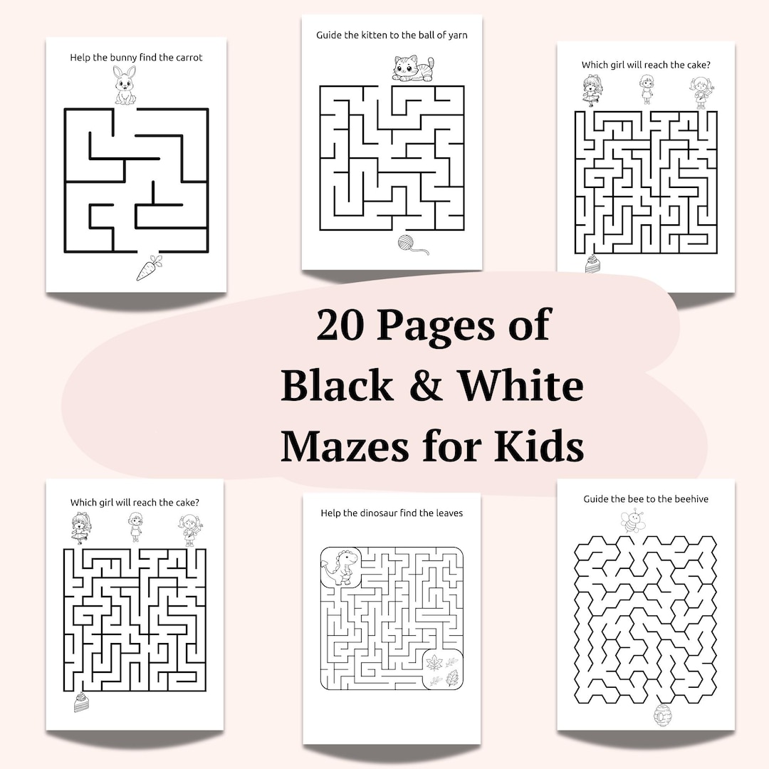 20 Pages of Black & White Mazes for Kids | Printable Activity Book PDF ...