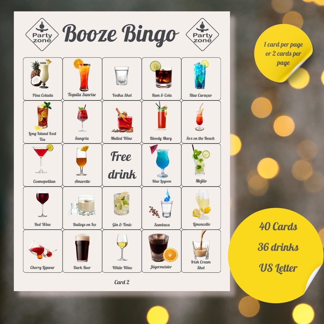 Drinks Bingo Game – 40 Printable Cards, 36 Drink Items, US Letter PDF ...