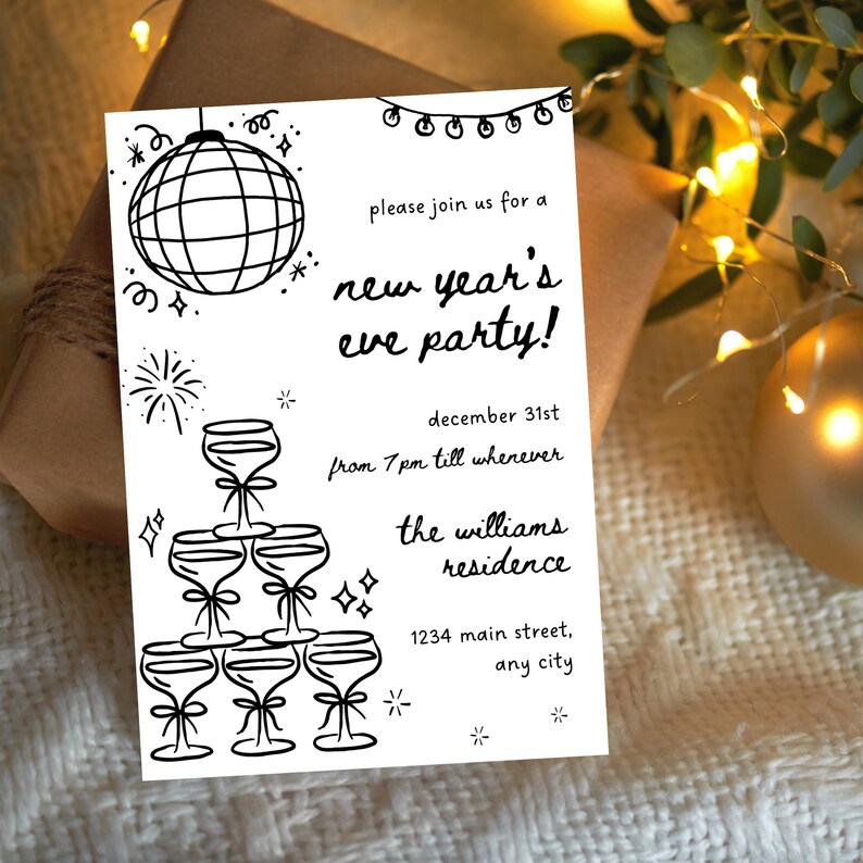 2026 New Years Eve Party Invitation Hand Drawn, Editable New Year’s Eve ...