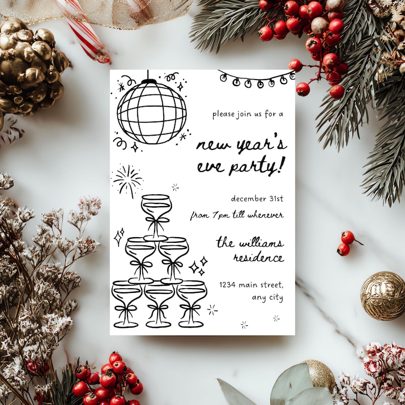 2026 New Years Eve Party Invitation Hand Drawn, Editable New Year’s Eve ...