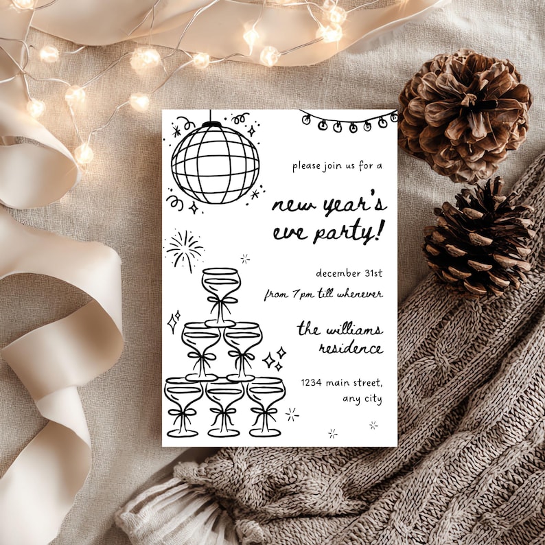 2026 New Years Eve Party Invitation Hand Drawn, Editable New Year’s Eve ...