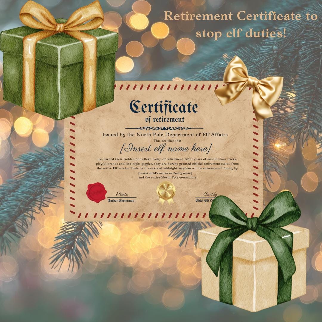 Elf Retirement Certificate & Letter Santa Note Elf Adoption or Donation ...