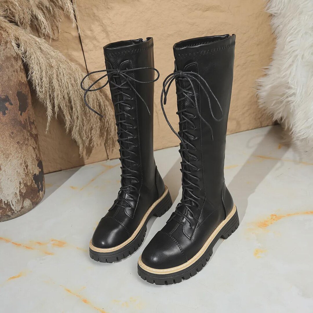 British Knee-high Lace-up Boots, PU Leather, Chunky Heel, Lug Sole - Etsy