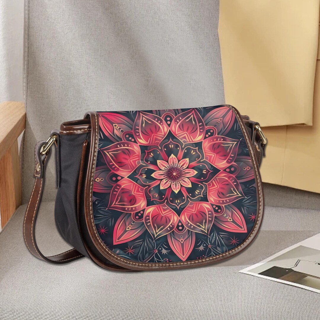 Saddle Bag Purse: Floral Mandala Pattern (PU Leather, Adjustable Strap ...