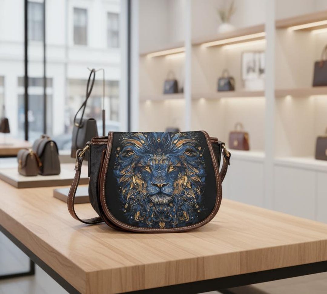 Lion Print Saddle Bag: Bold Blue Gold Design (PU Leather, Adjustable ...