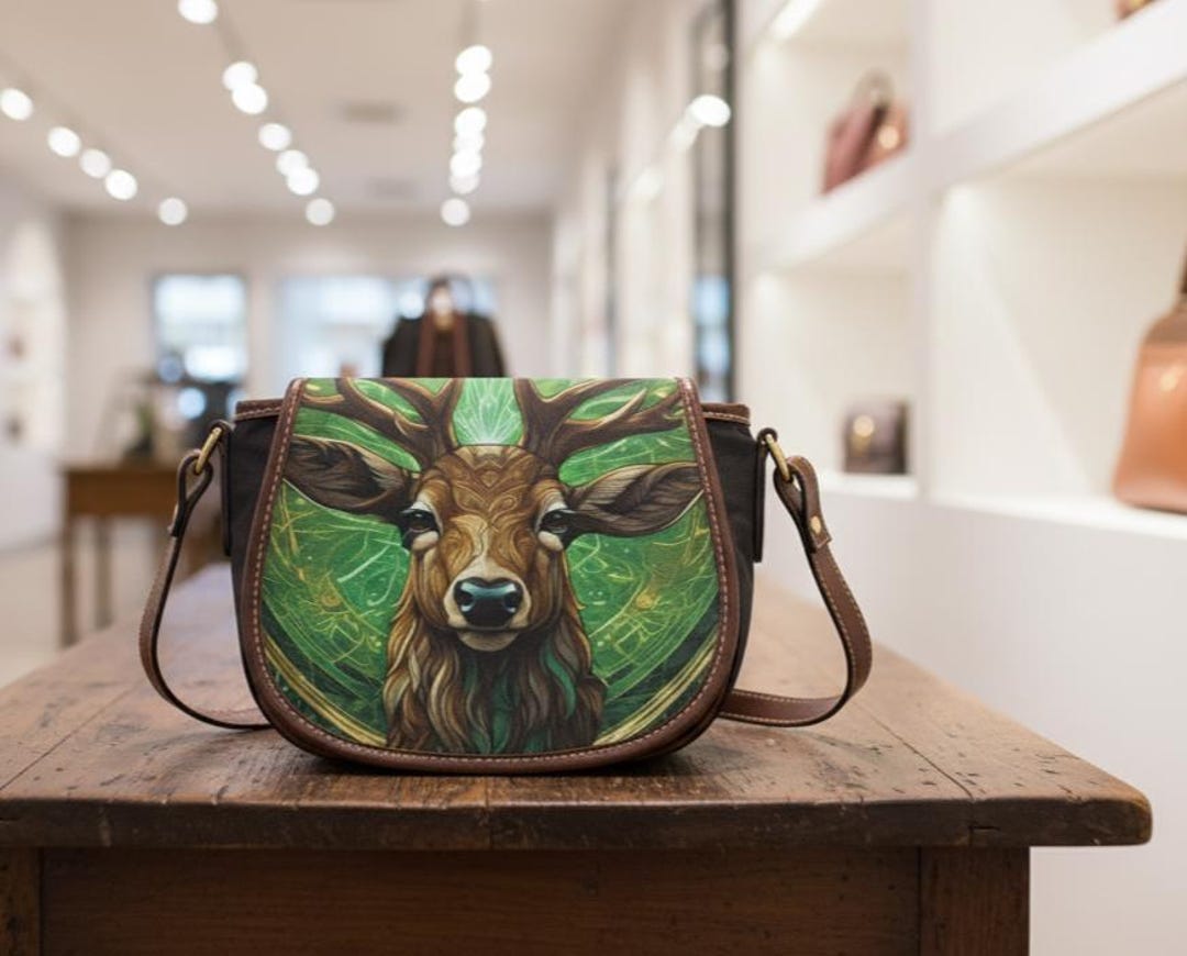 Forest Guardian Saddle Bag - Deer Art, Green and Brown Leather - Etsy