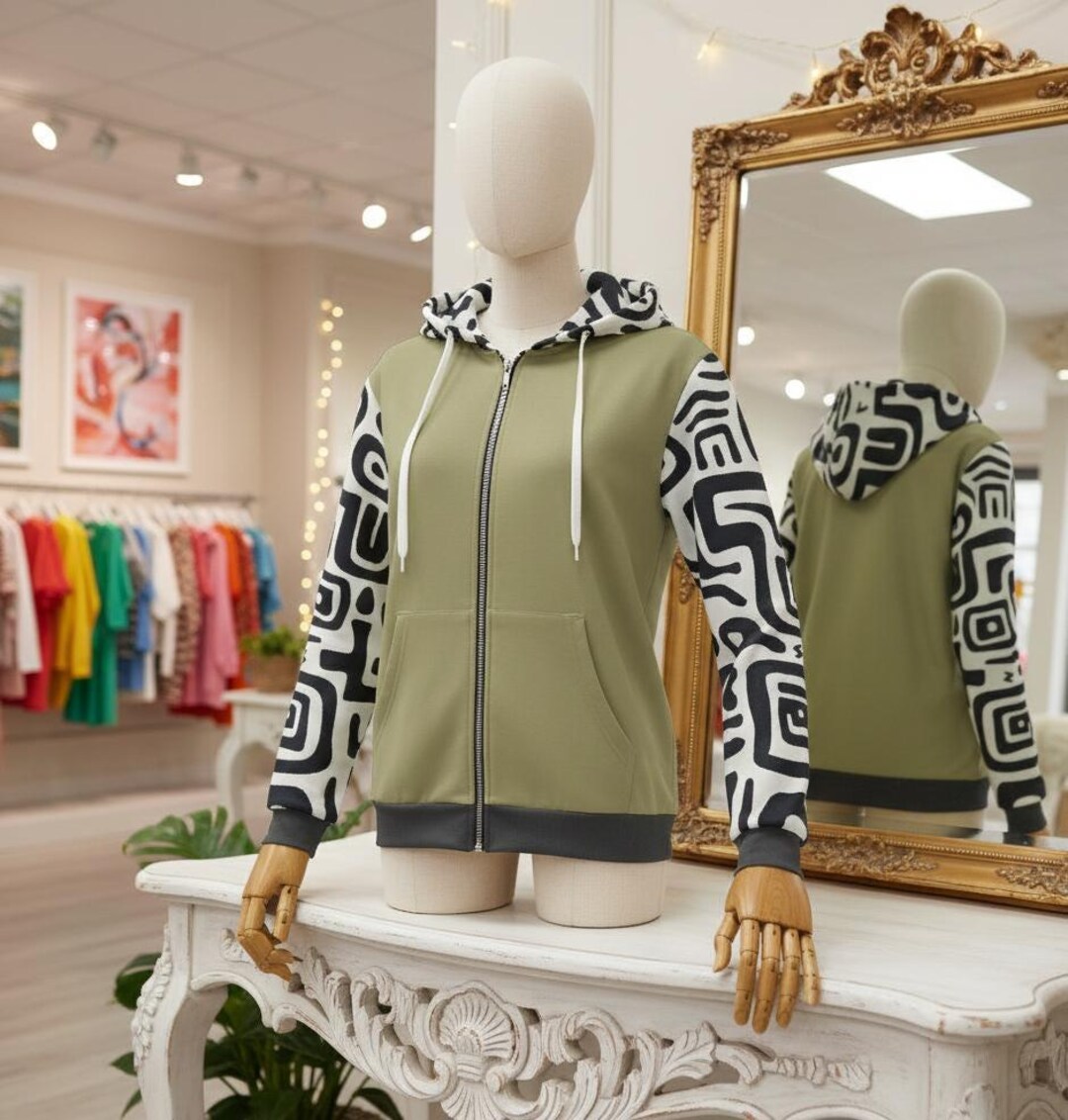 Tribal Sleeve Zip Hoodie: Olive Green With Bold Graphic Sleeves - Etsy