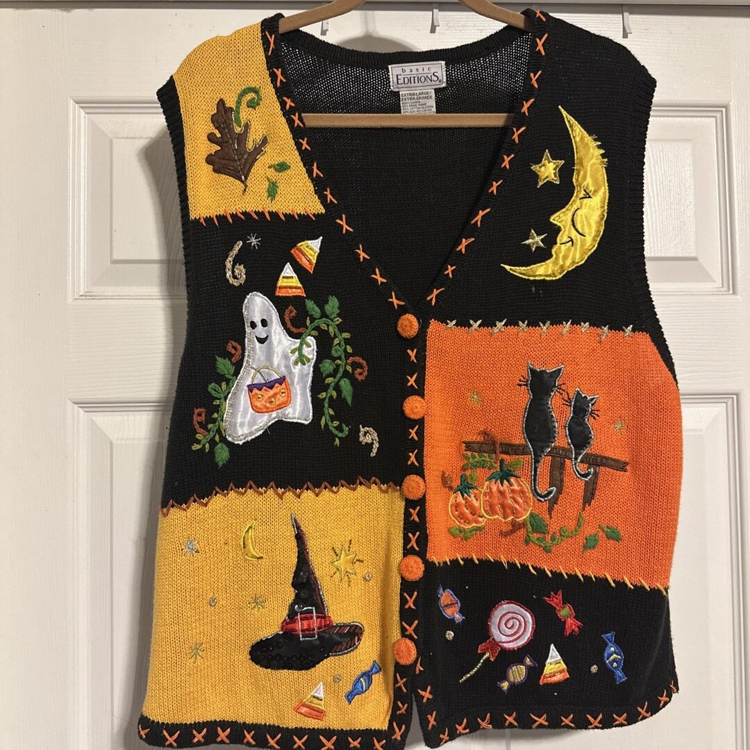 Vintage Basic Editions Halloween Embellished Fall Vest Ghost Witch Size ...