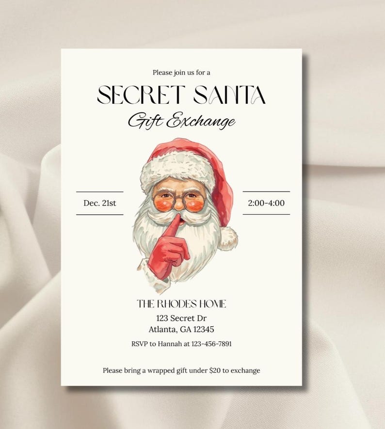 Minimalist Secret Santa Invitation | Santa Graphic | Editable Canva ...