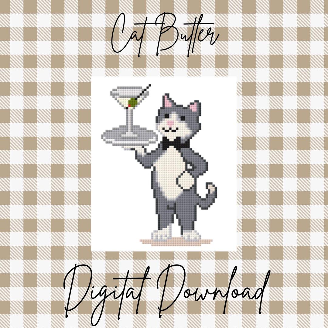 Cute Butler Cat Needlepoint Chart | Cat Holding Martini on Silver ...