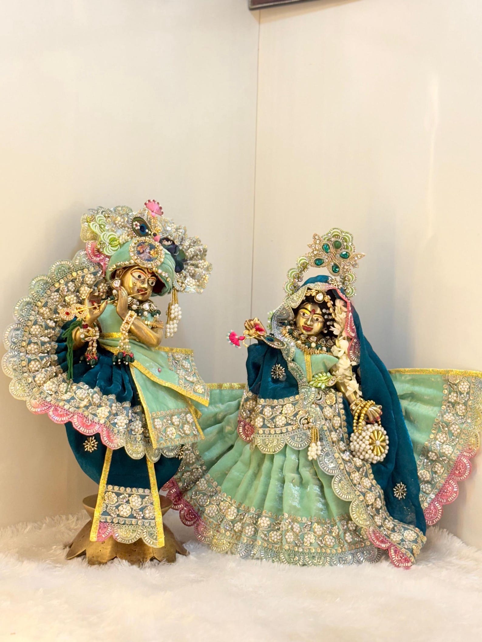 Handmade Radha Krishna Velvet Dress Set – Sea Green Teal Deity Outfit ...