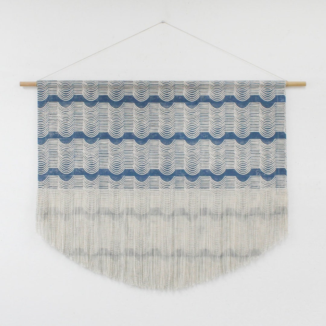 Wave Block Print Fringe Wall Hanging in Blue 39 Inches Wide X 32 Inches ...