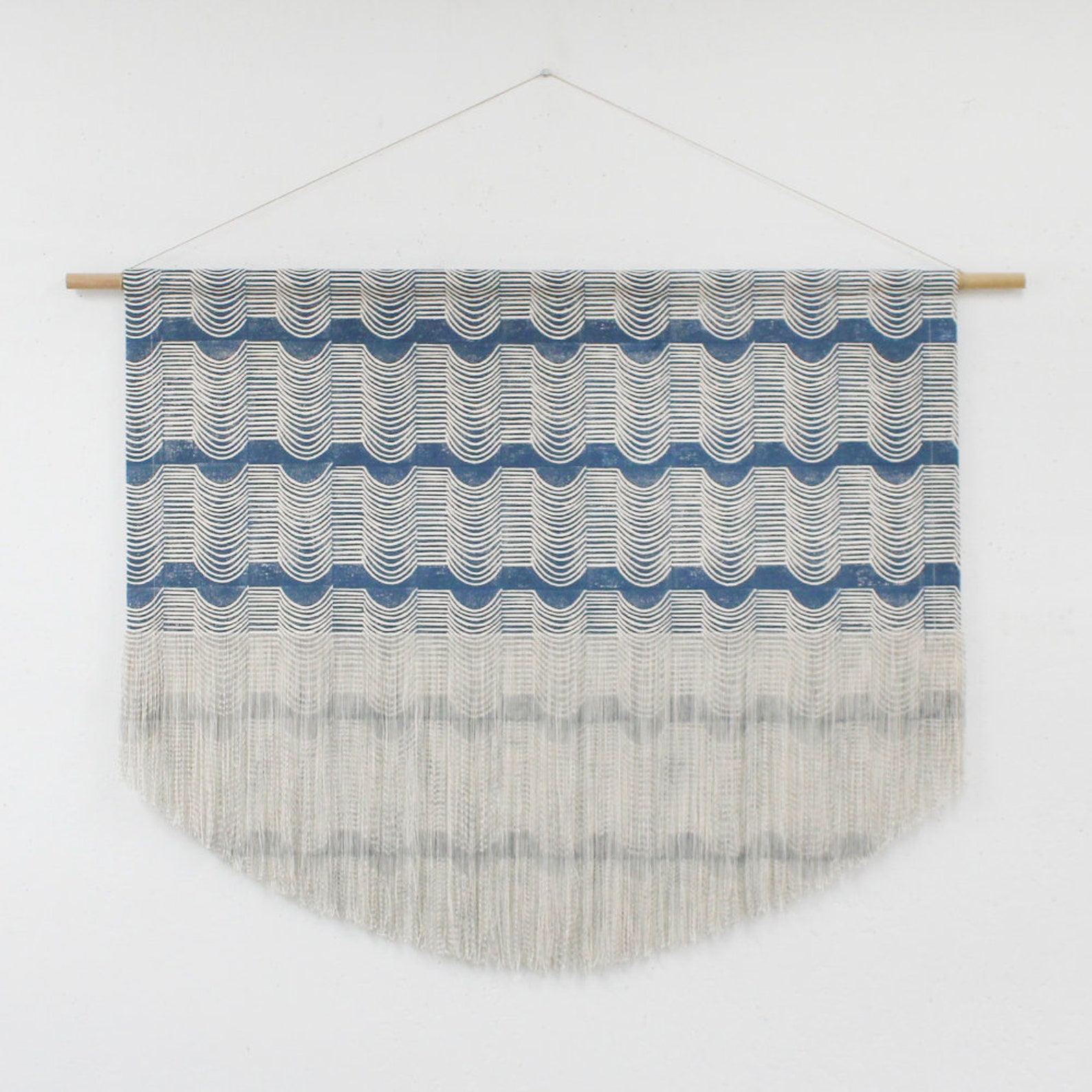 Wave Block Print Fringe Wall Hanging in Blue 39 Inches Wide X 32 Inches ...