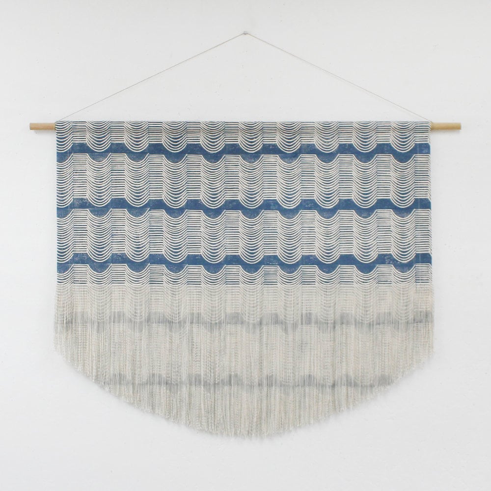 Wave Block Print Fringe Wall Hanging in Blue 39 Inches Wide X 32 Inches ...