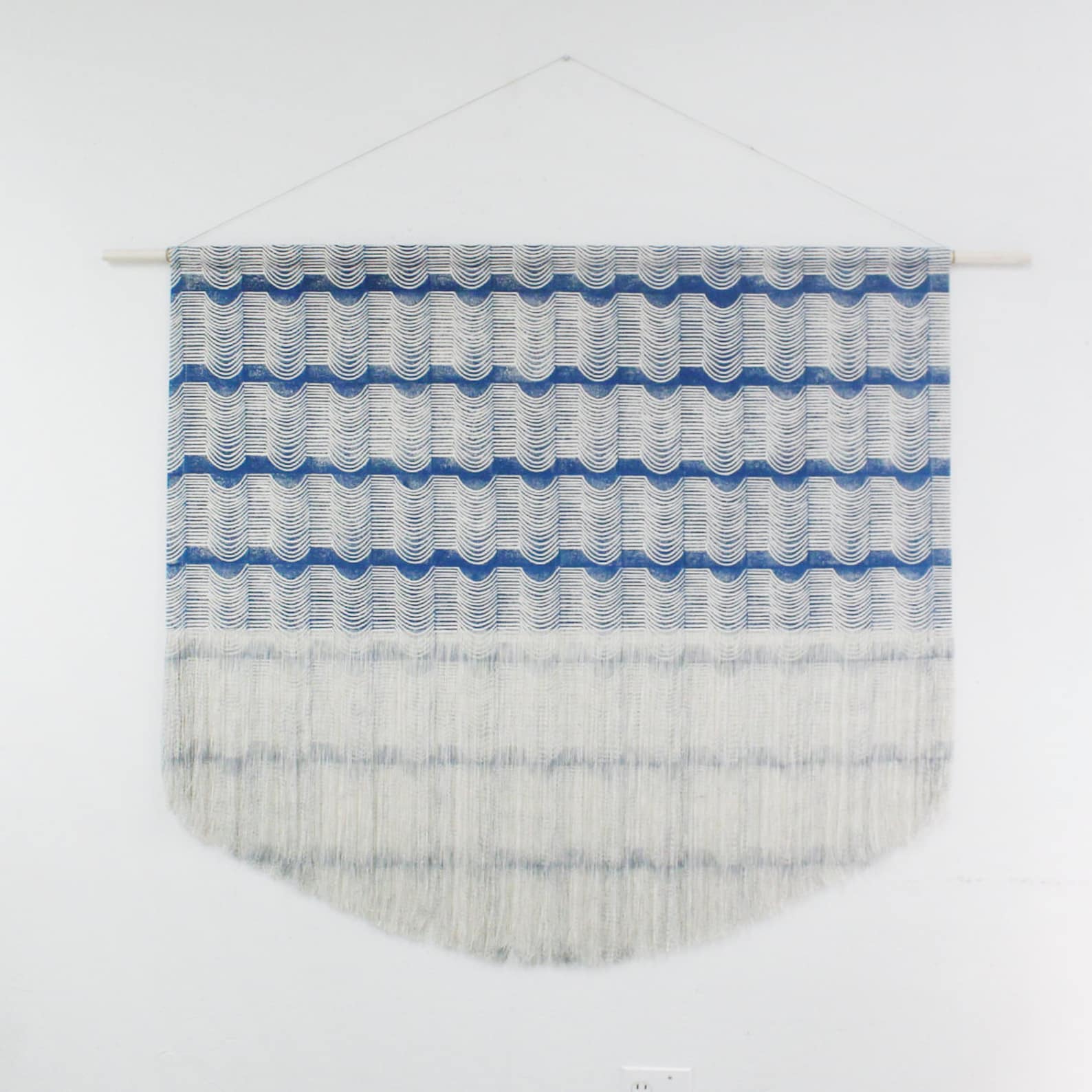 Wave Block Print Fringe Wall Hanging in Blue 48 Inches Wide X 40 Inches ...