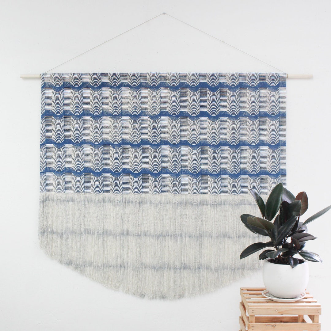 Wave Block Print Fringe Wall Hanging in Blue 48 Inches Wide X 40 Inches ...
