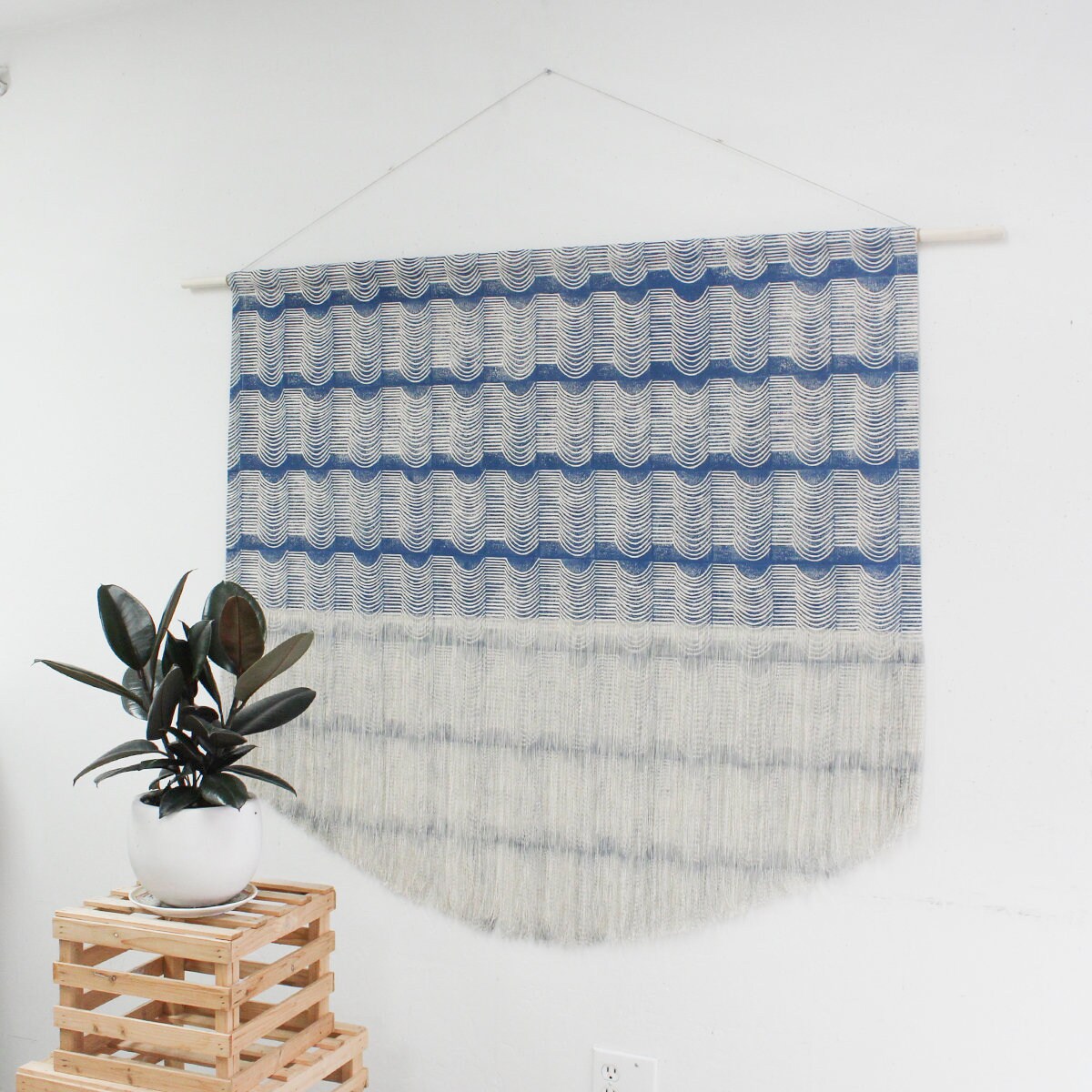 Wave Block Print Fringe Wall Hanging in Blue 48 Inches Wide X 40 Inches ...