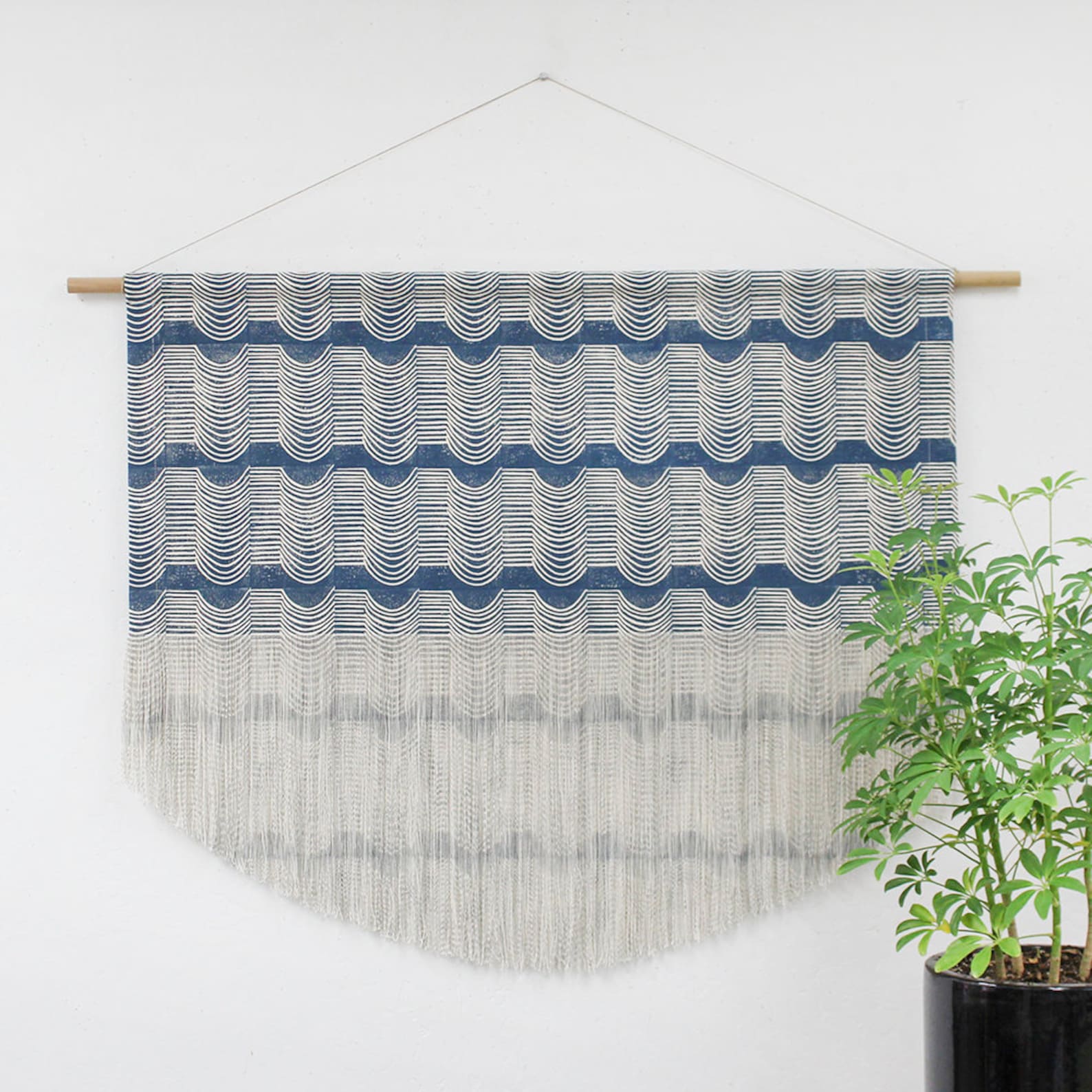 Wave Block Print Fringe Wall Hanging in Blue 39 Inches Wide X 32 Inches ...
