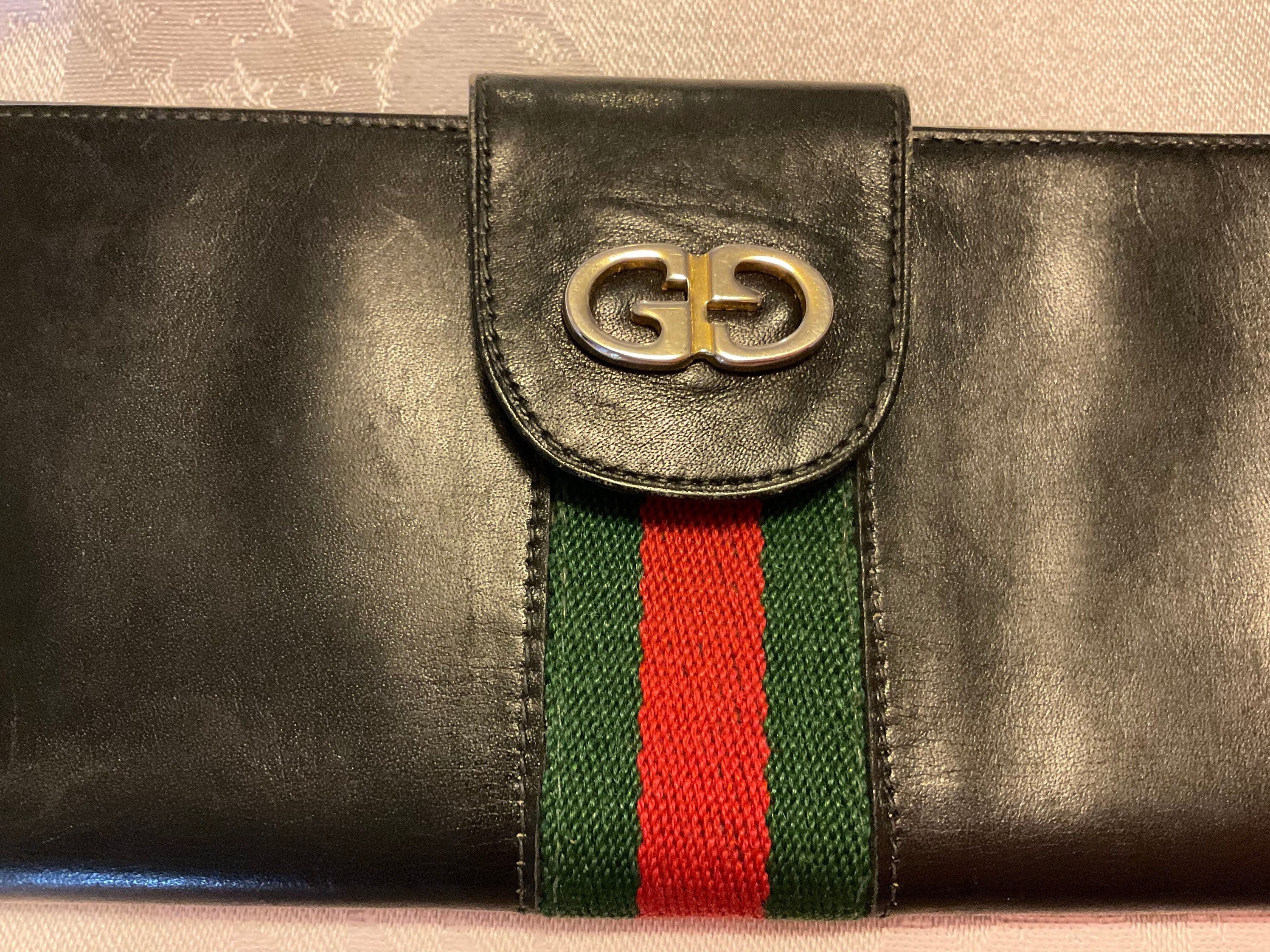 Vintage GUCCI Long Wallet Sherry Line GG Logo Unisex Black Leather - Etsy