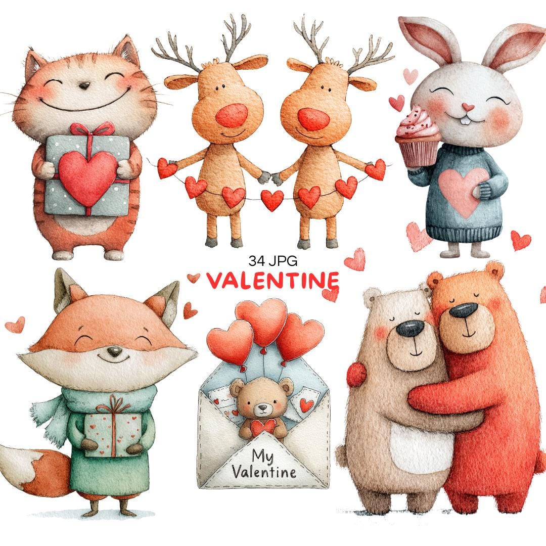 Valentine Cute Animals Love Clipart - Digital Download 34JPG - Etsy