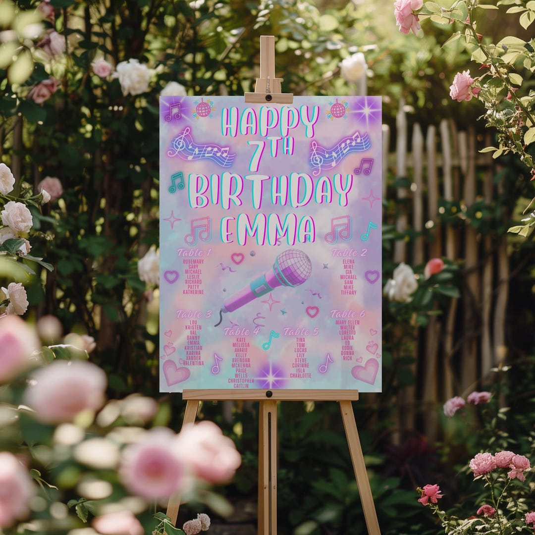 Karaoke Birthday Party Seating Chart: Neon Music Theme (digital ...