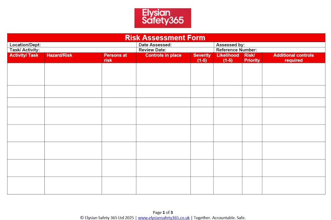 Generic Risk Assessment Template | HSE Editable DOCX & PDF | Workplace ...