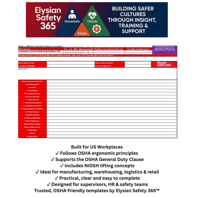 USA Edition Ergonomics Risk Assessment | OSHA Aligned Safety Templates ...