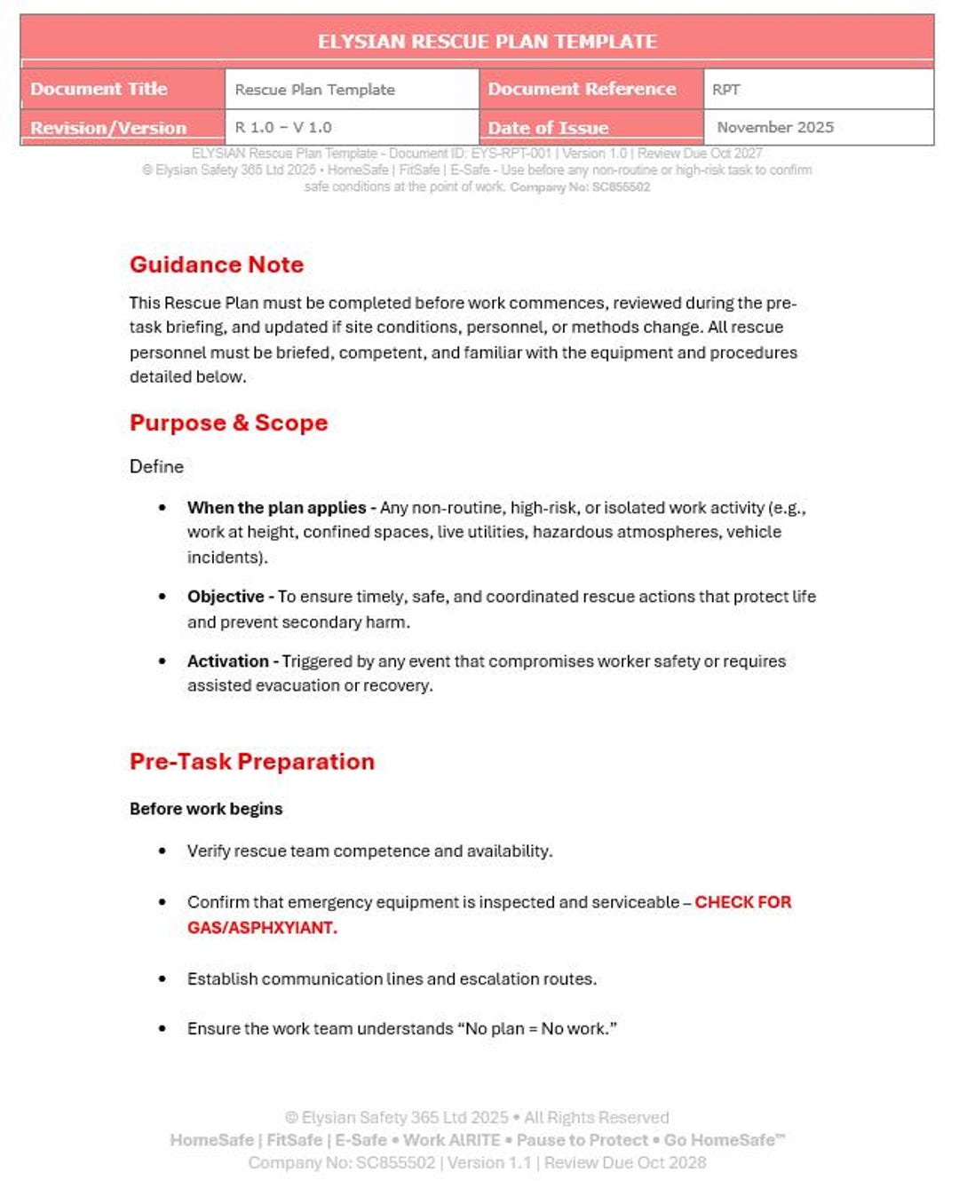 Elysian Rescue Plan | Template Editable DOCX PDF | High-risk Work ...