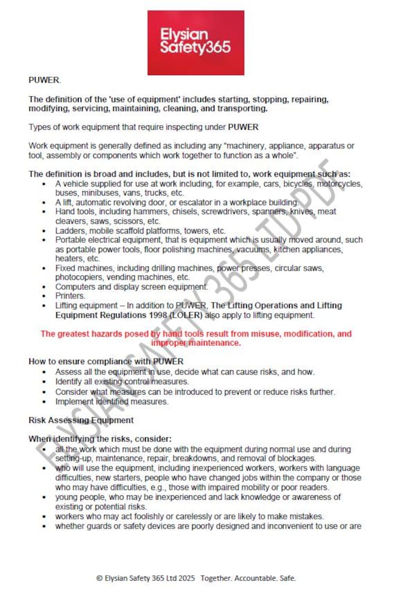 PUWER Risk Assessment & Safety Checklist: Editable Template (HSE ...