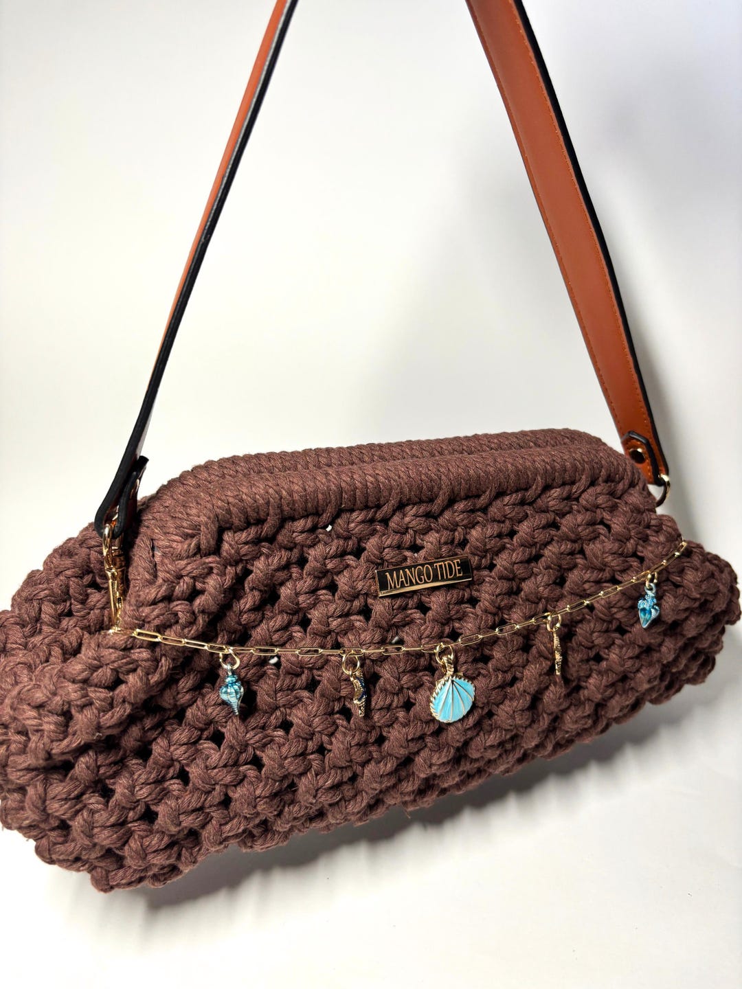 Handmade Brown Macrame Crochet Bag With Seashell Charm - Boho Cotton ...