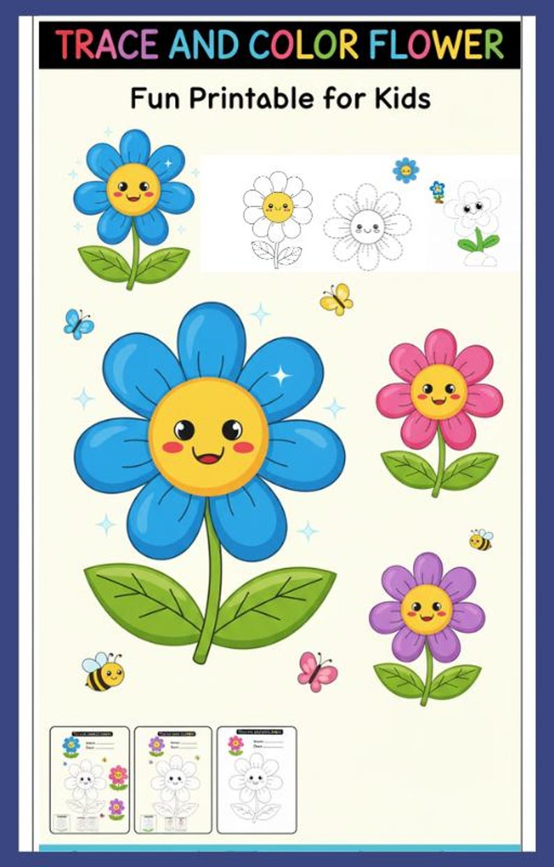 Trace and Color Flower: Fun Printable for Kids - Etsy