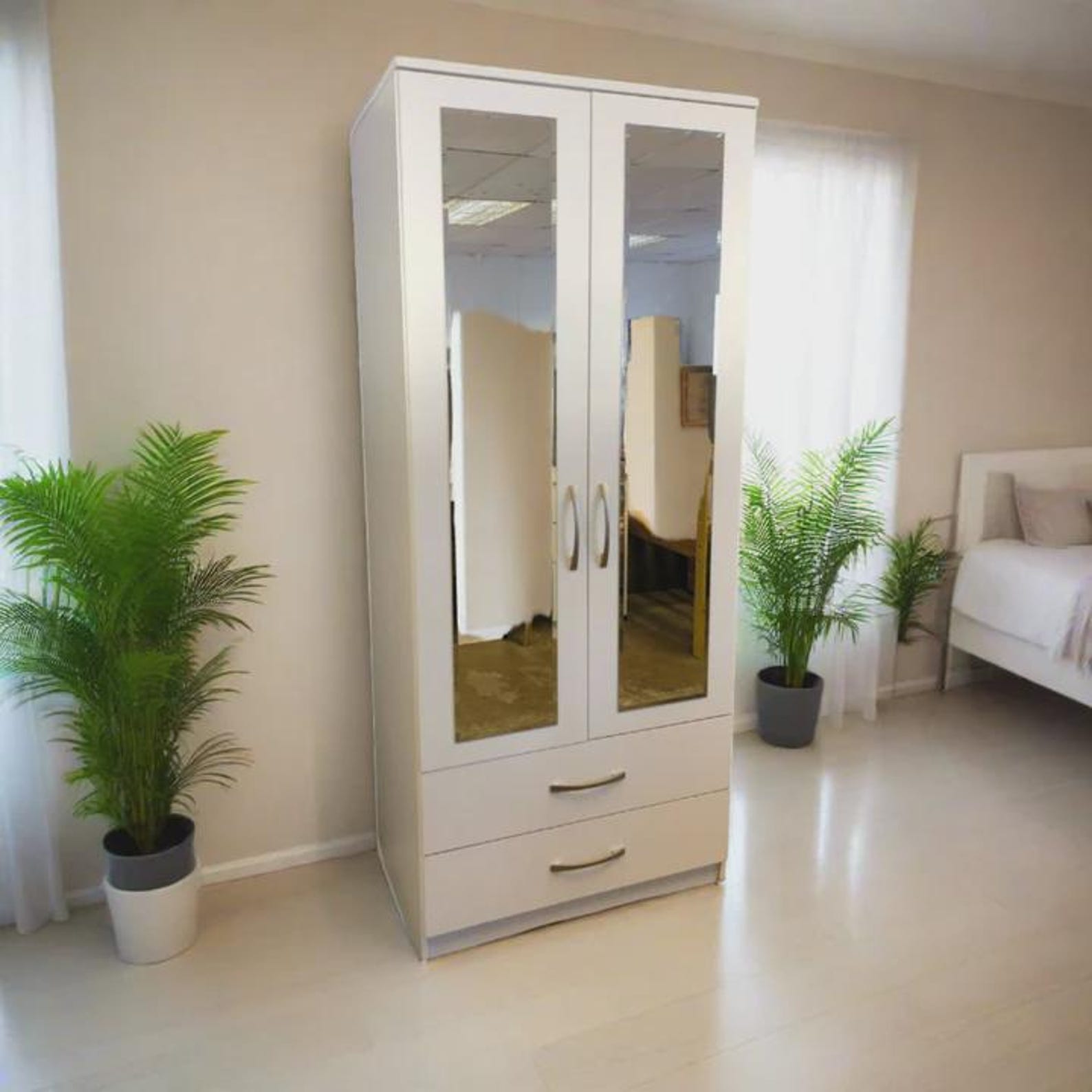 White Wardrobe 2 Door 2 Drawers Assembled Cupboard With Dual Mirror ...