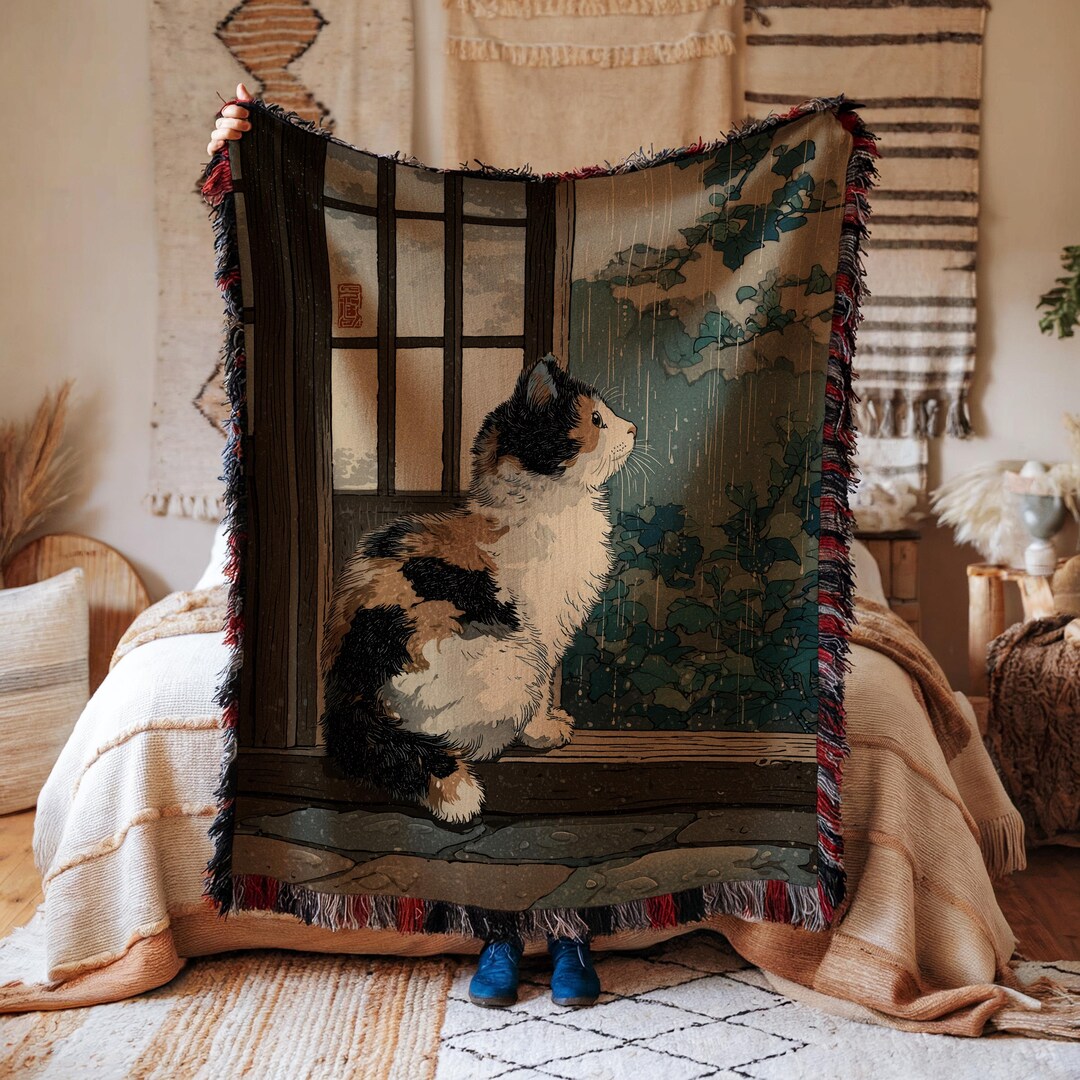 Japanese Calico Cat Woven Blanket, Fluffy Ukiyo-e Woodblock Art, Asian ...