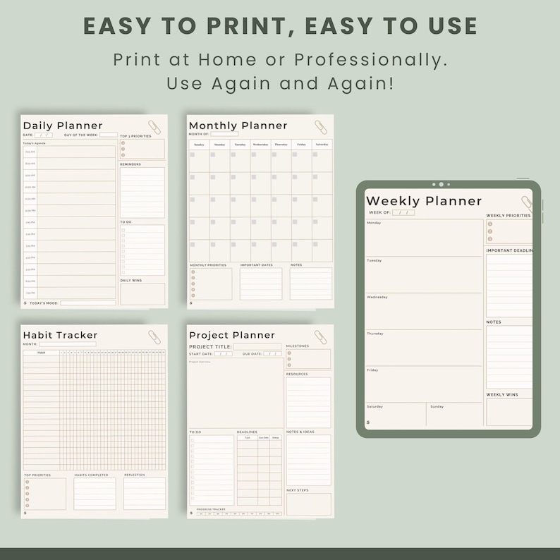 Neutral Printable Planner Bundle | Daily, Weekly, Monthly (PDF Download ...