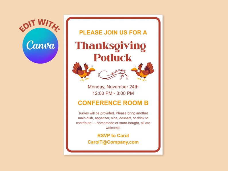 Thanksgiving Potluck Sign up Sheet & Invitation (canva Template ...