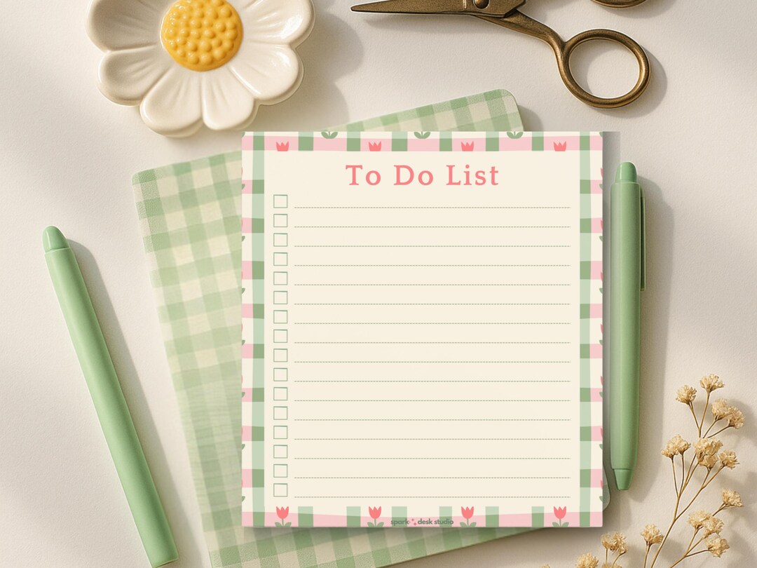 To Do List Notepad – Pink & Green Gingham Checklist, Floral Daily ...
