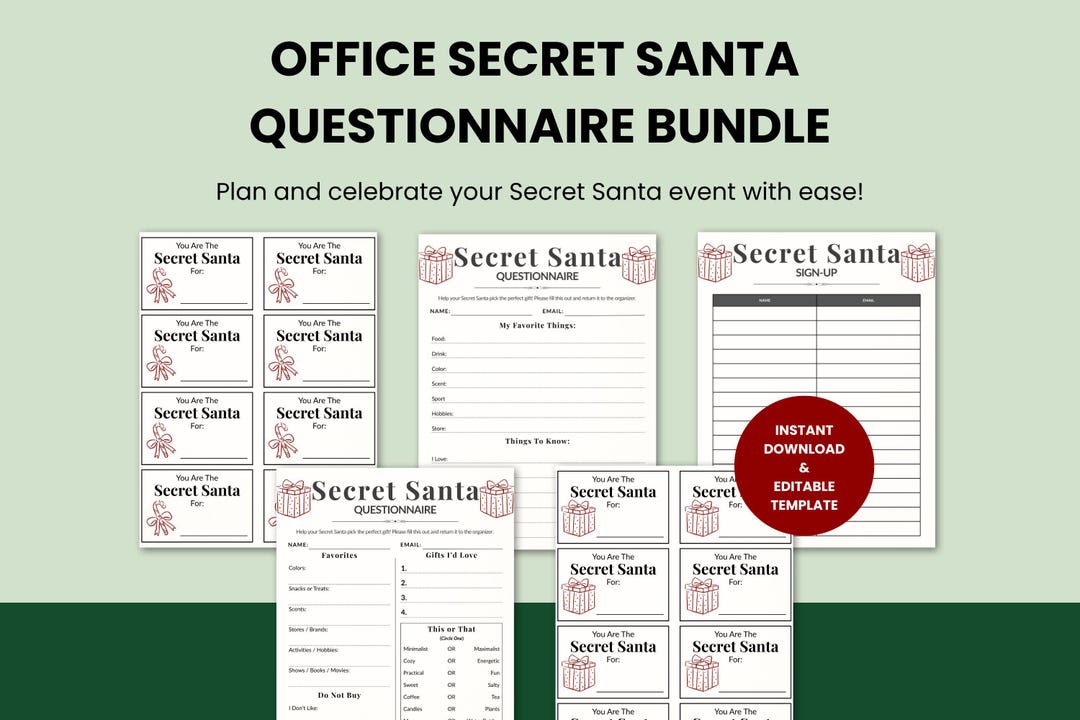 Secret Santa Questionnaires With Name Draw Cards, Minimalist Gift ...