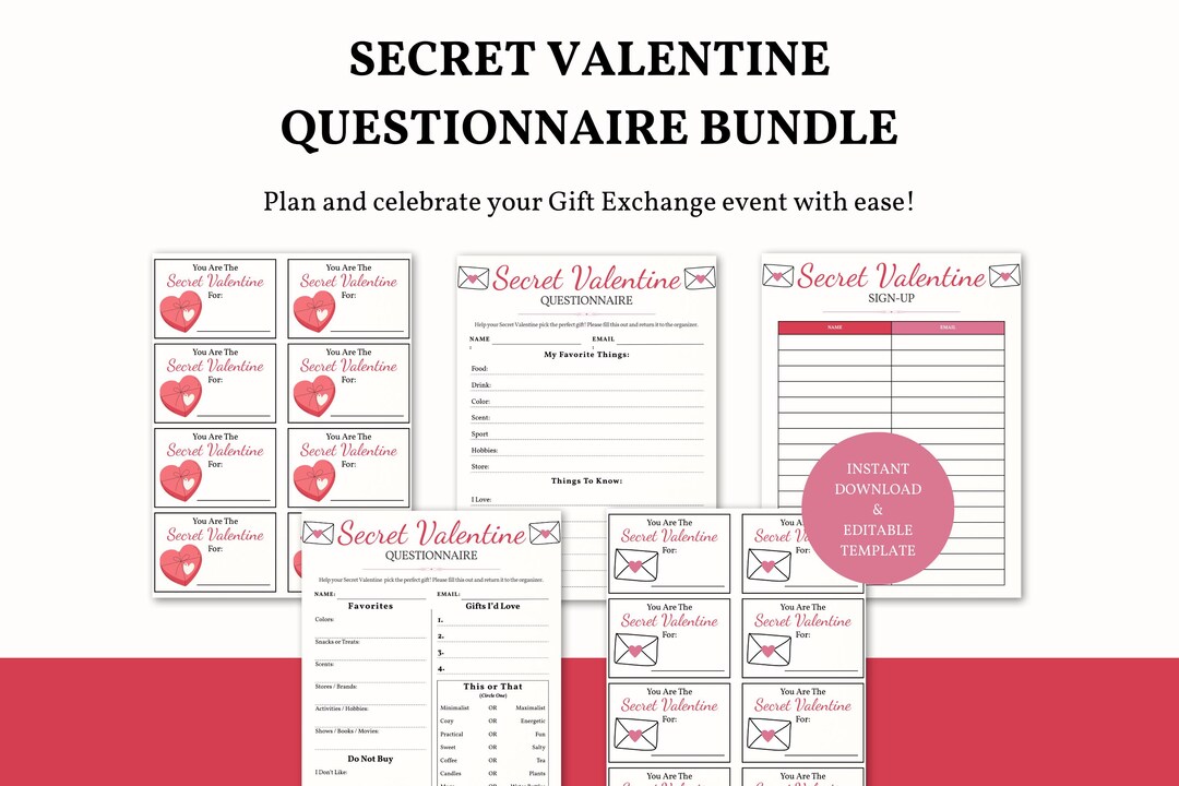 Secret Valentine Questionnaires, Minimalist Office Gift Exchange Forms ...