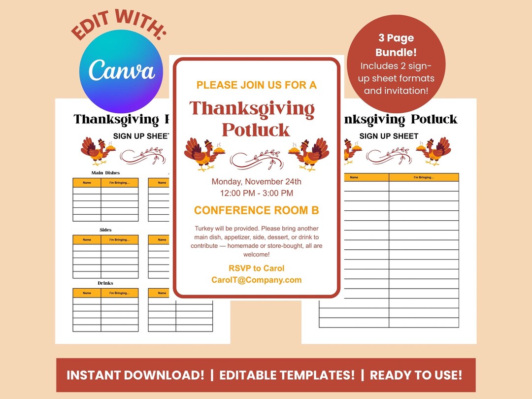 Thanksgiving Potluck Sign up Sheet & Invitation (canva Template ...