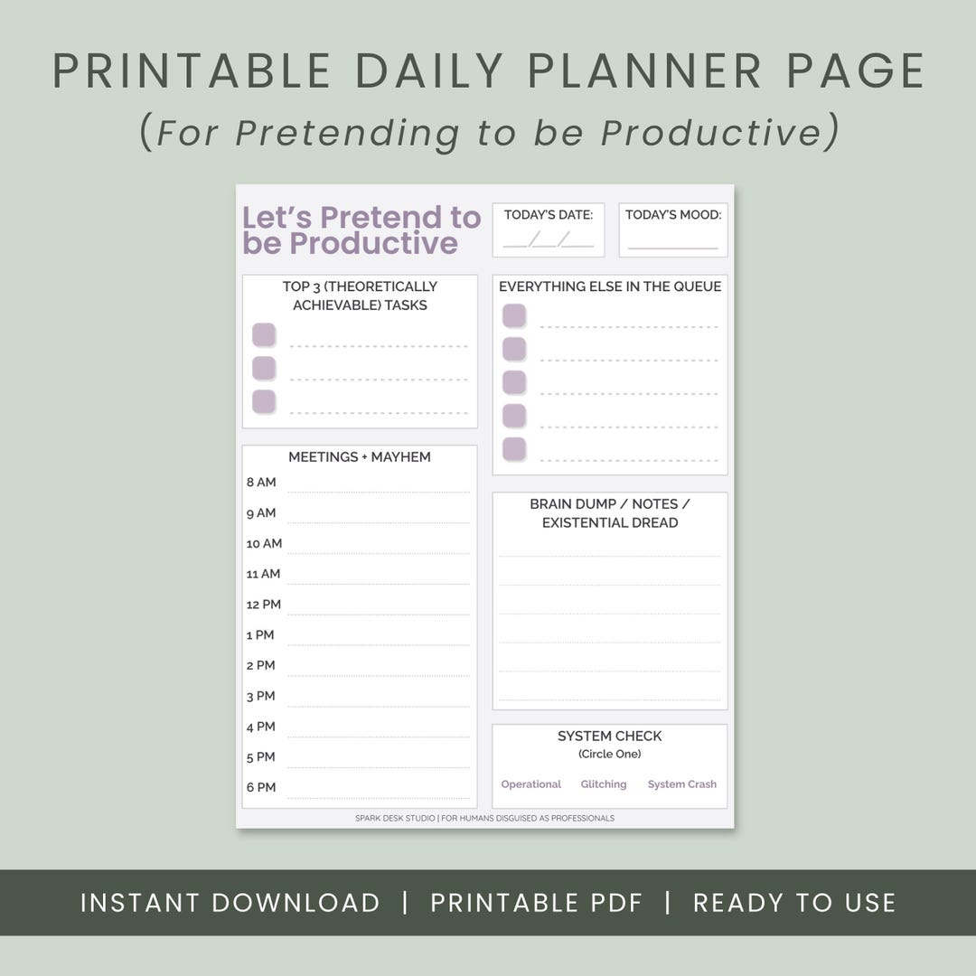 Pretend to Be Productive Printable Daily Planner Page | Funny Work ...