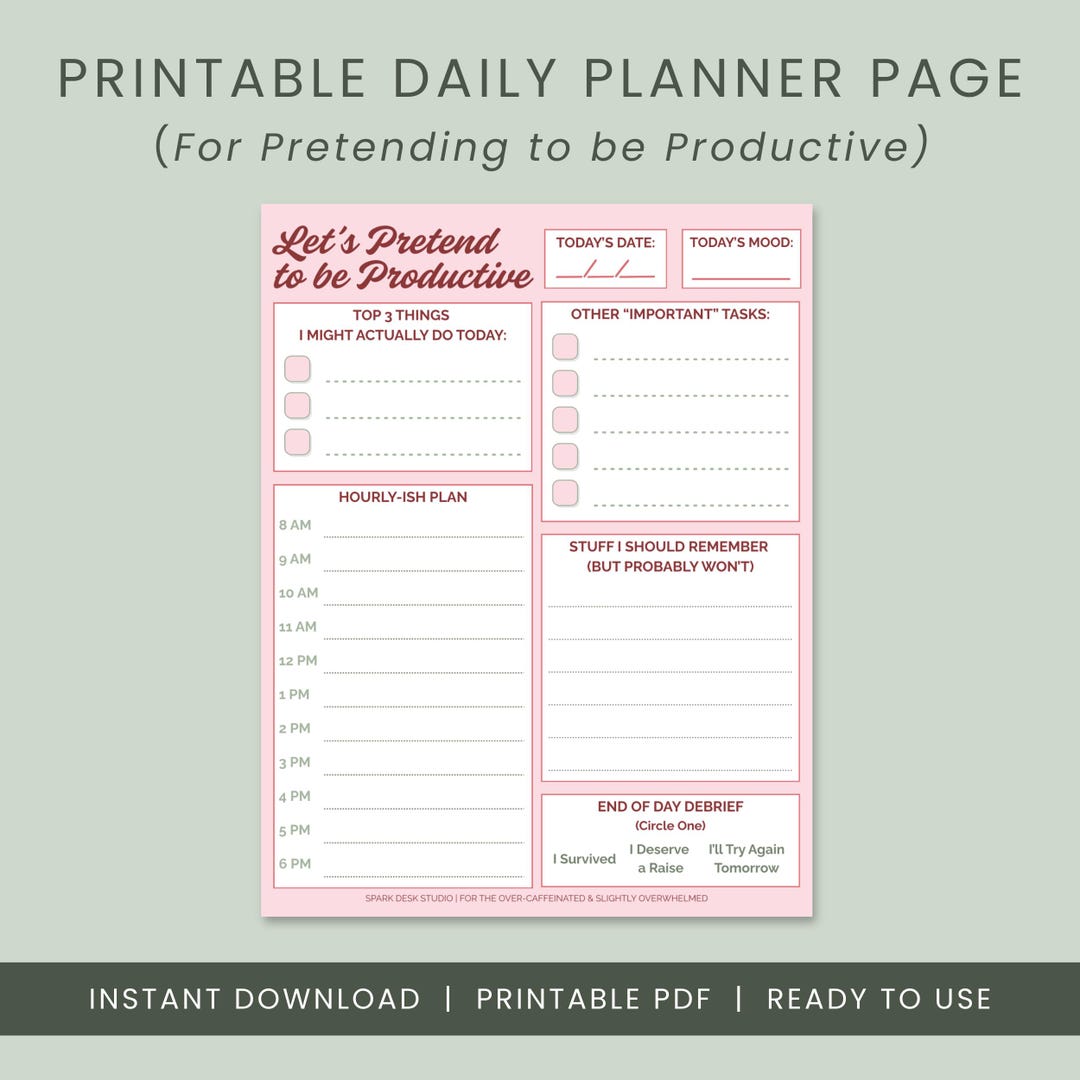 Pretend to Be Productive Printable Daily Planner Page | Funny Sarcastic ...