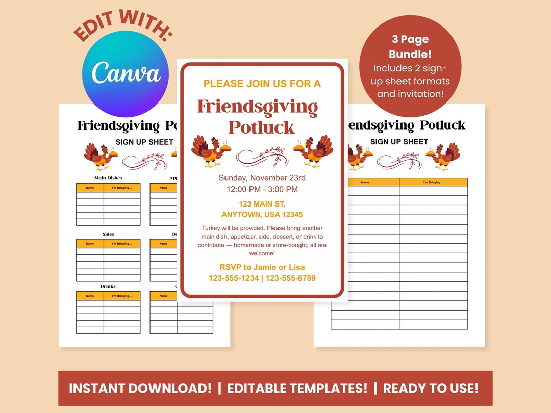 Friendsgiving Potluck Sign up Sheet & Invitation | Editable Canva ...
