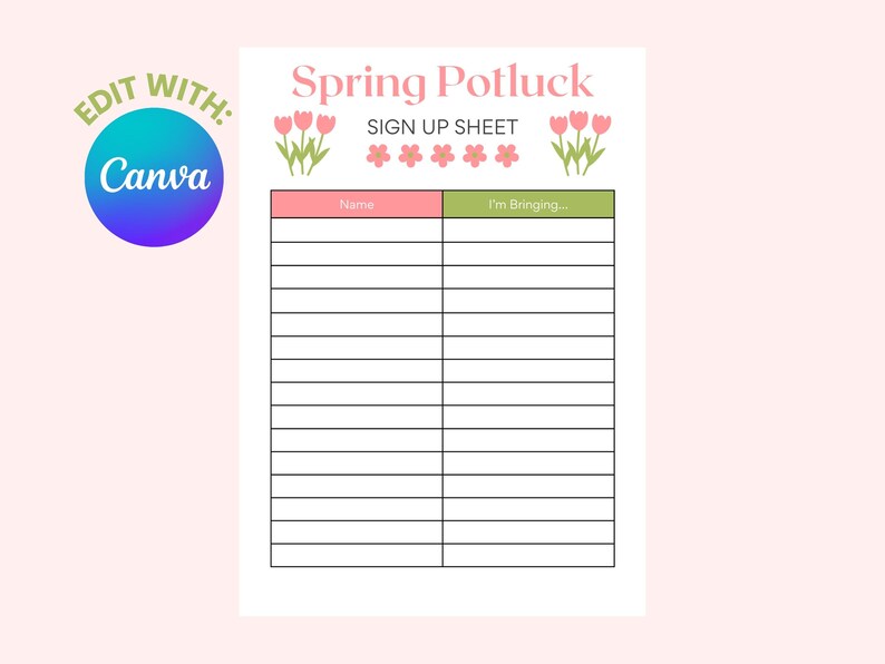 Spring Potluck Sign up Sheet Template | Editable Office Potluck Party ...