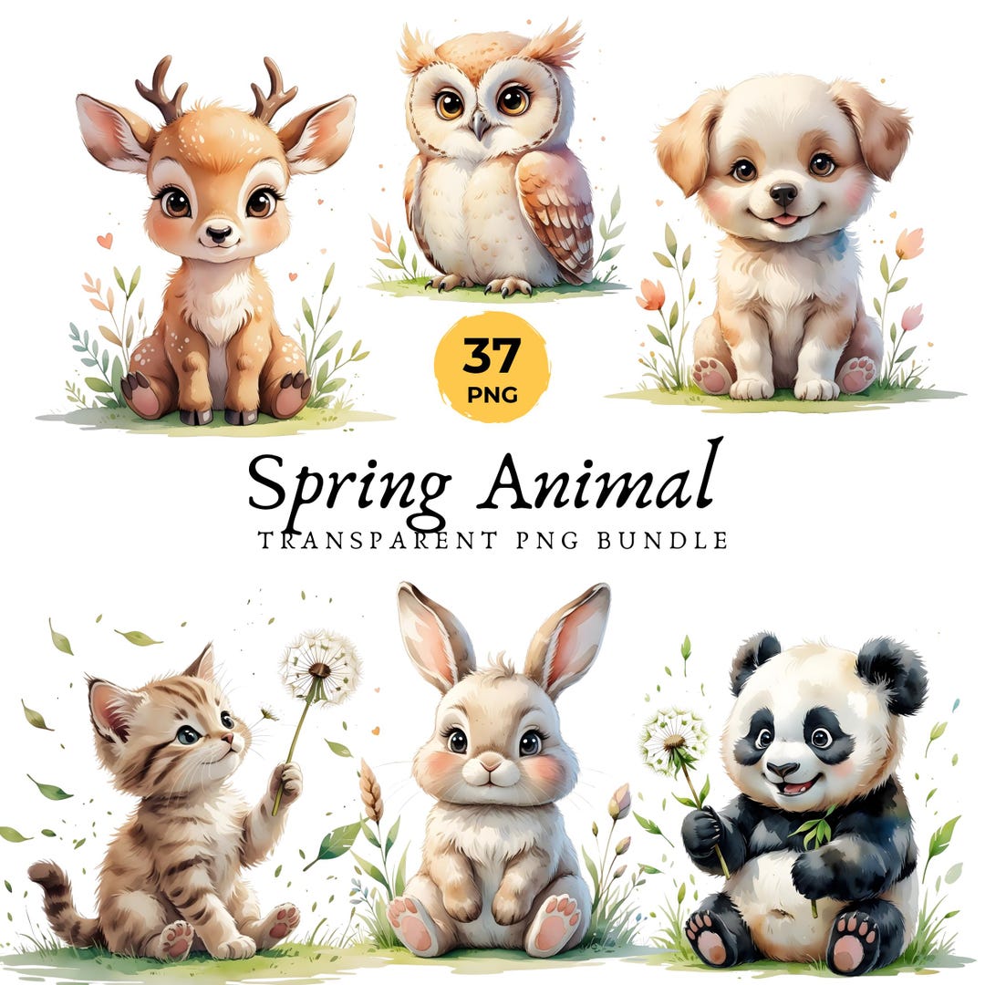 Spring Animal Clipart PNG Bundle – Cute Baby Animals Watercolor ...