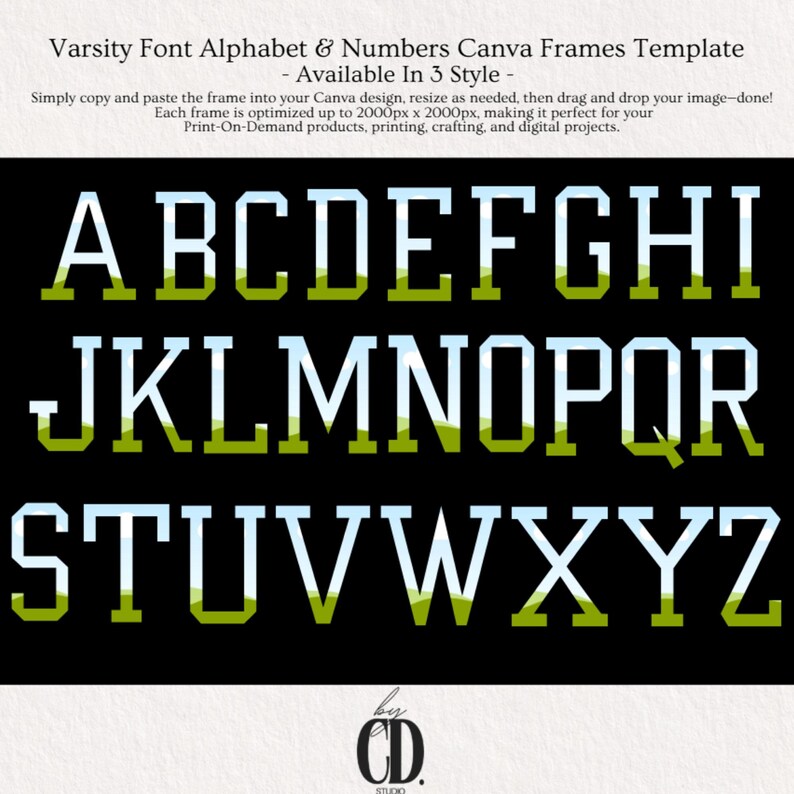 Varsity Fonts Alphabet and Numbers Canva Frames Template I Editable ...