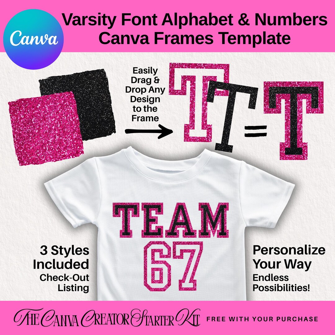 Varsity Fonts Alphabet and Numbers Canva Frames Template I Editable ...