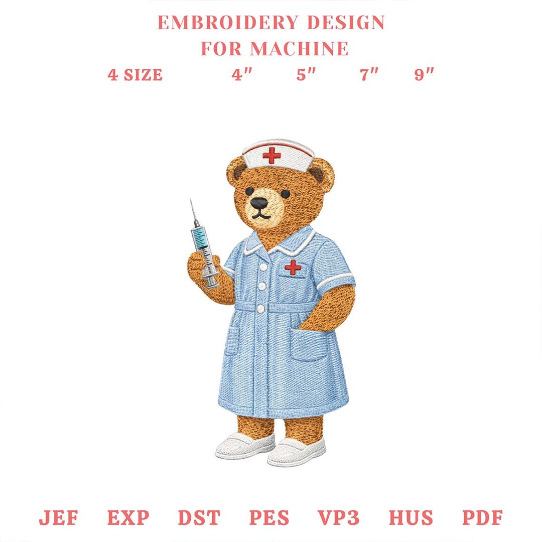 Nurse Teddy Bear Embroidery Design File, Cute Nurse Bear With Syringe ...