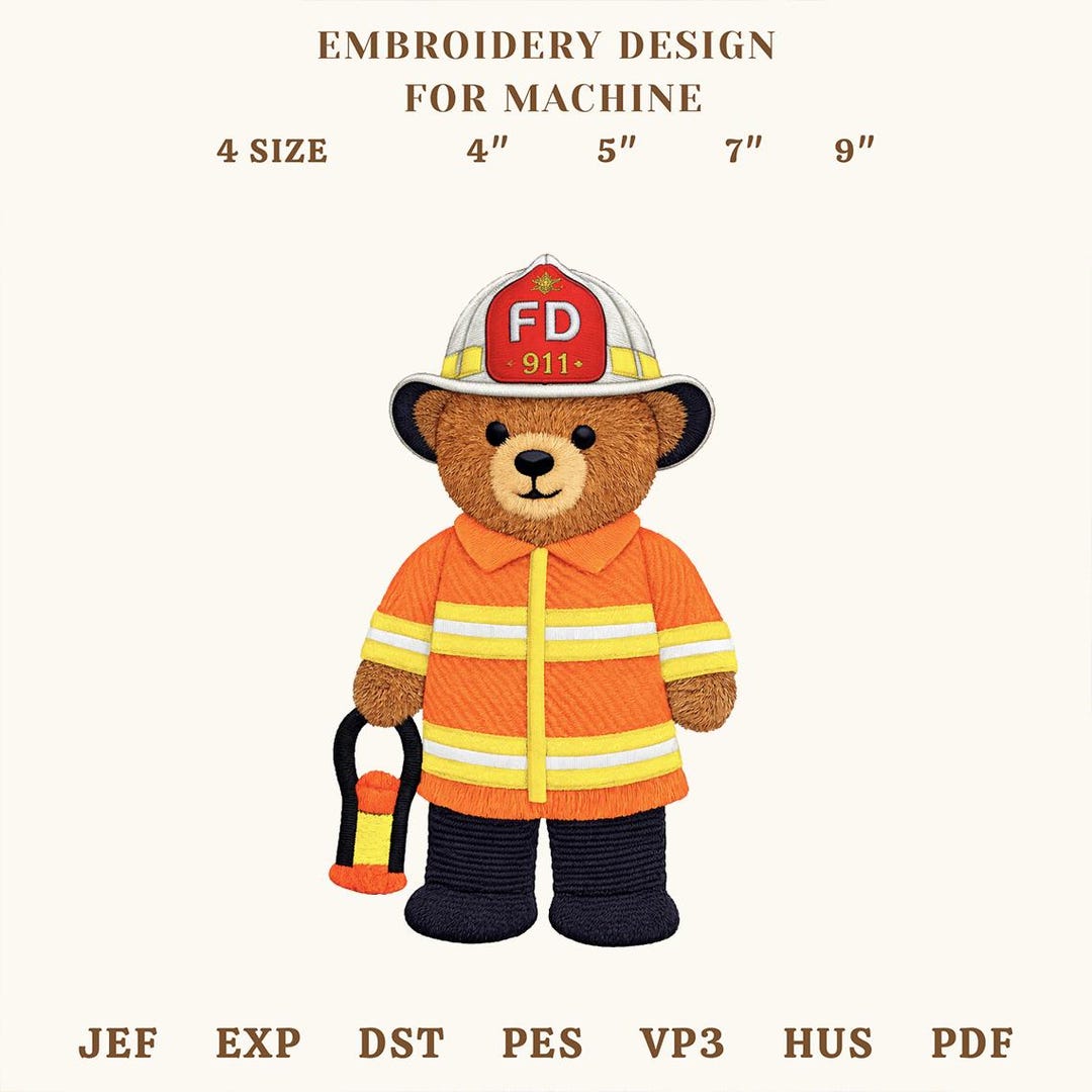 Firefighter Teddy Bear Embroidery Design, Fireman Bear FD 911, First ...