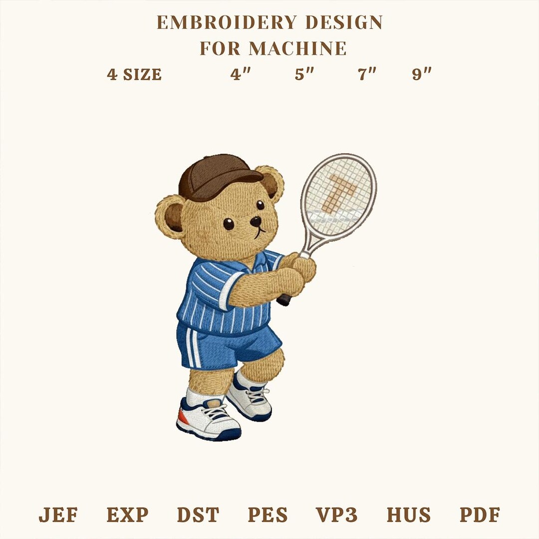 Tennis Teddy Bear Embroidery Design File, Tennis Bear, Casual Teddy ...